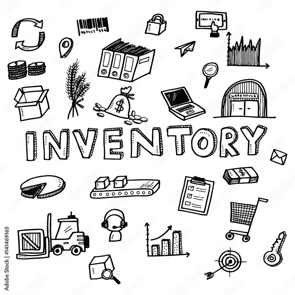 Vettoriale Stock Hand draw inventory business doodles icon set for ...