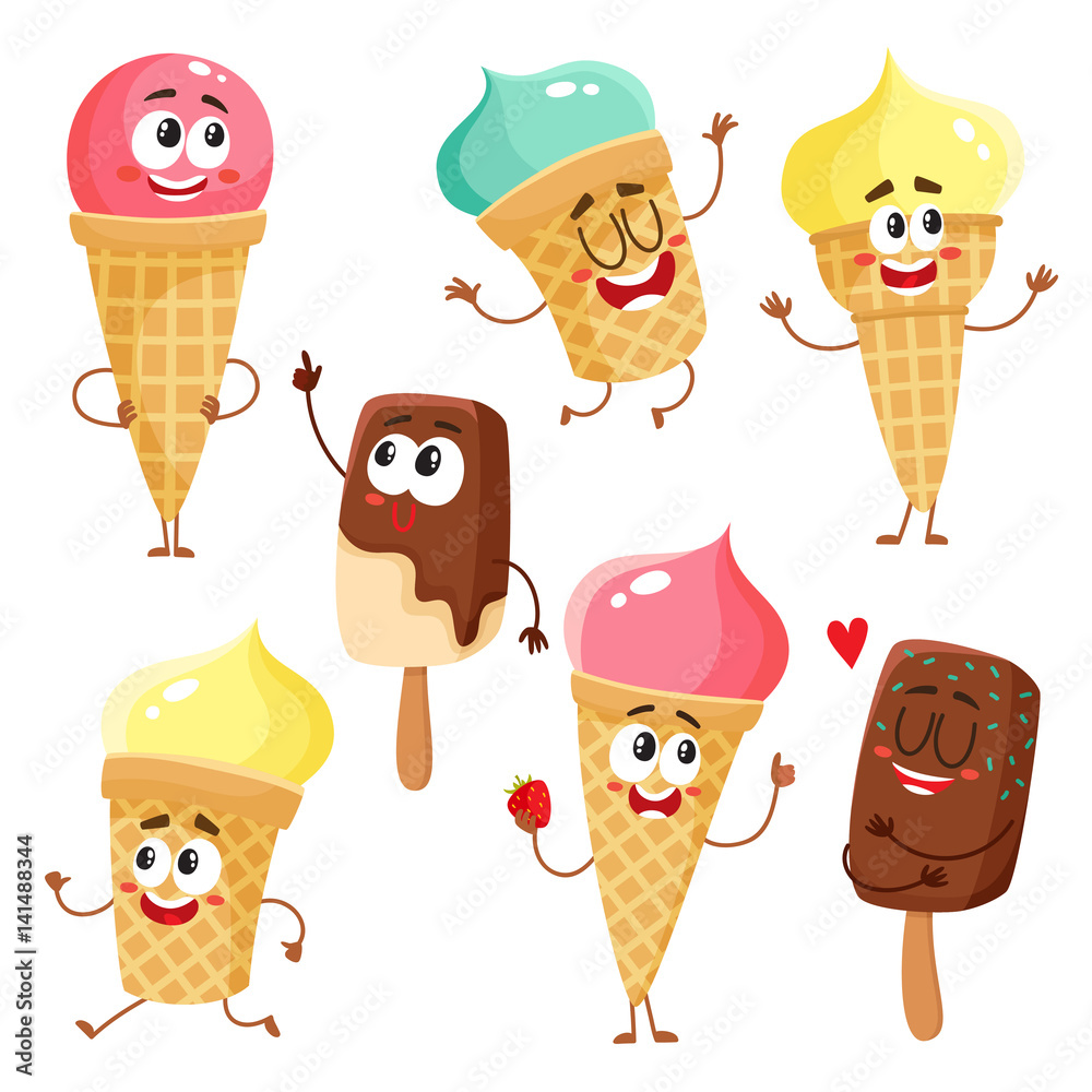 Cute and funny ice cream characters, cones, popsicles with smiling ...