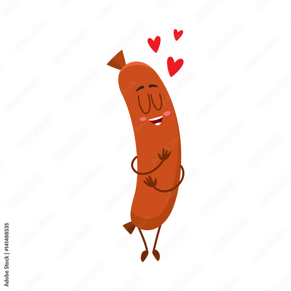Cute and funny sausage character with human face huging itself, showing ...