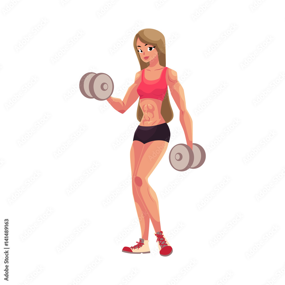 Vecteur Stock Young woman, female bodybuilder, weightlifter working out ...