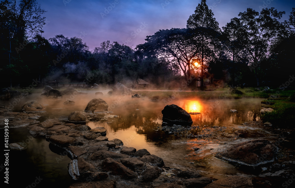 volcanic natural hot spring mineral water pool with steam spa and sun ...