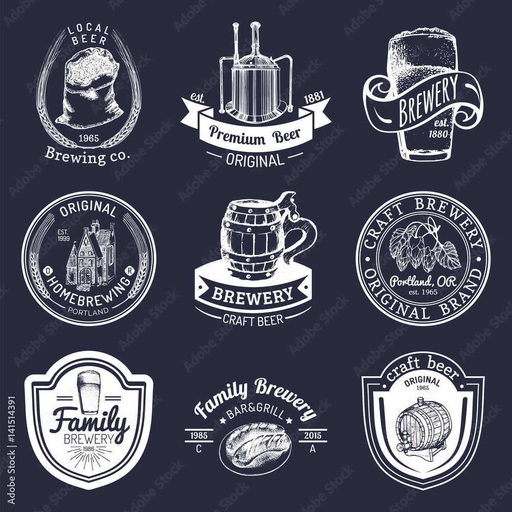Old brewery logos set. Kraft beer retro signs with hand sketched glass ...