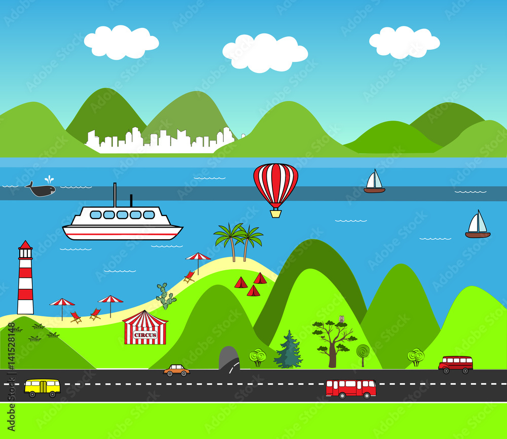 Cartoon vector map. Flat Design Nature Scene. Sea Landscape with ...