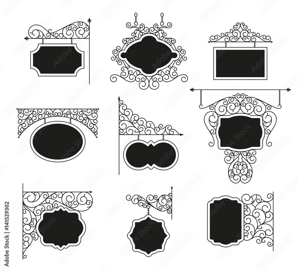 Forged metal signboards set. Linear design. Vector outline illustration ...