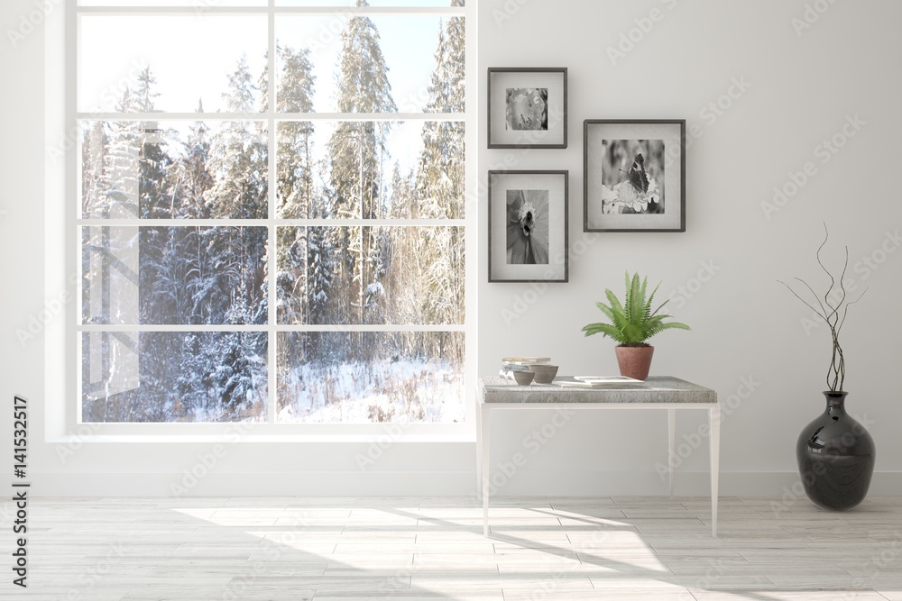 White empty room with winter landscape in window. Scandinavian interior ...
