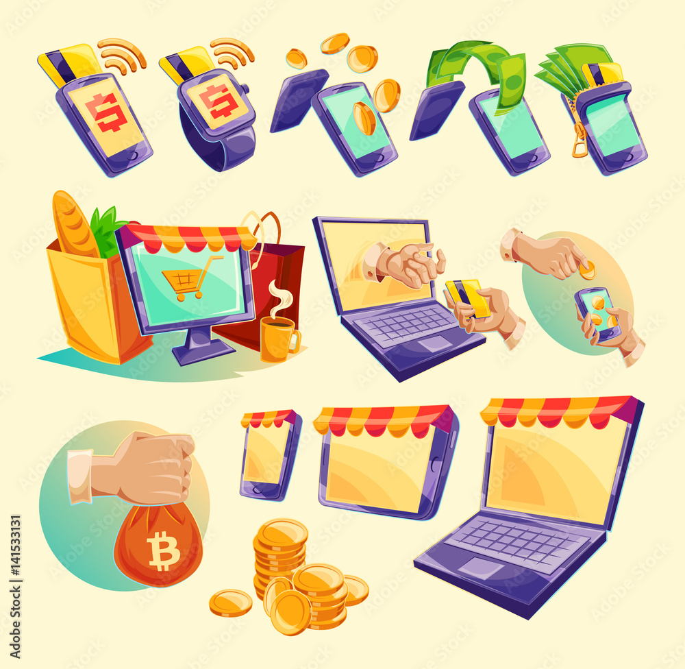 Vector cartoon illustration devices for e-payments. Icons of mobile ...