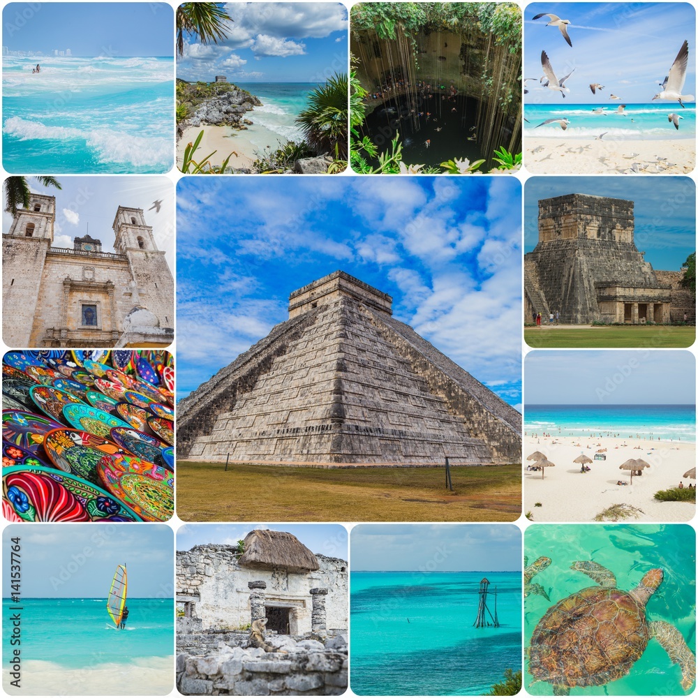 Riviera Maya Views Collage. Pyramid in Chichen Itza, Tulum, Cancun, Yucatan, Mexico foto de ...