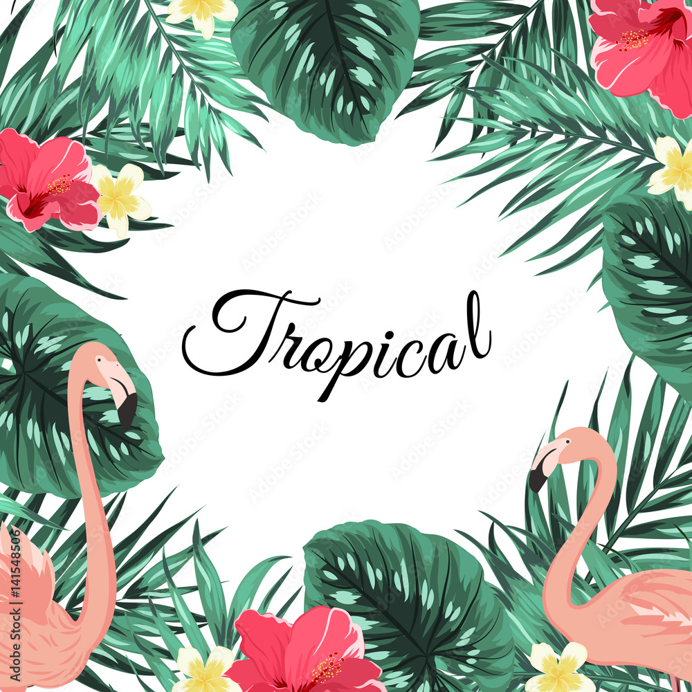 Exotic tropical jungle rainforest bright green palm tree and monstera ...