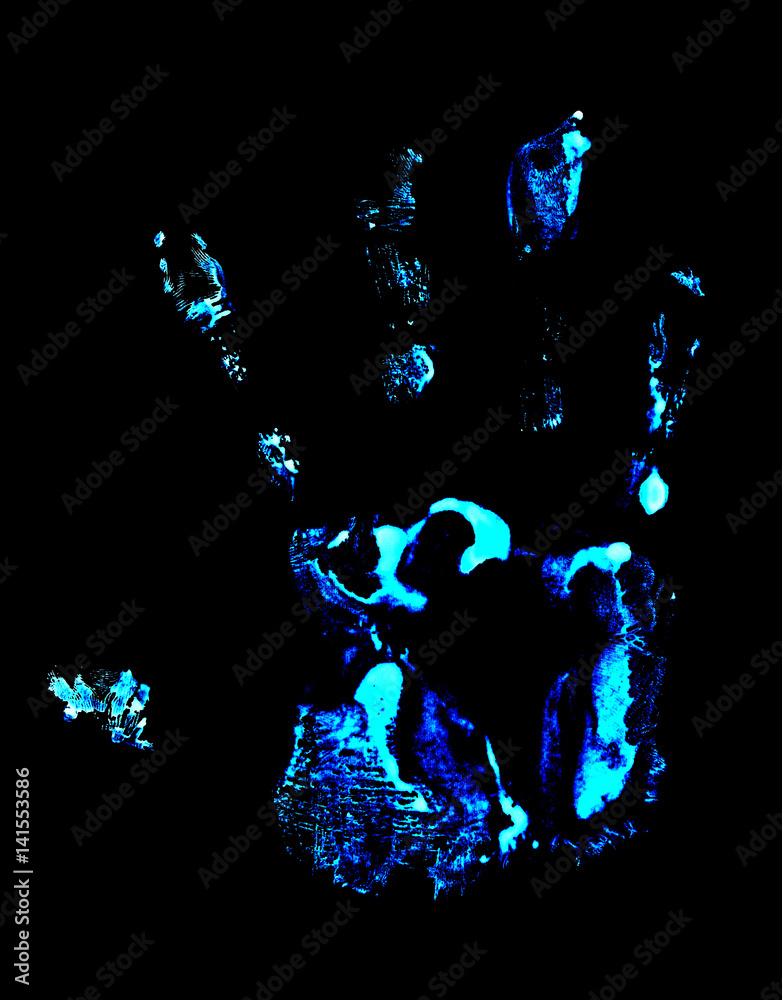 Handprint on black background. Handprint with ultraviolet lamp. Stock ...