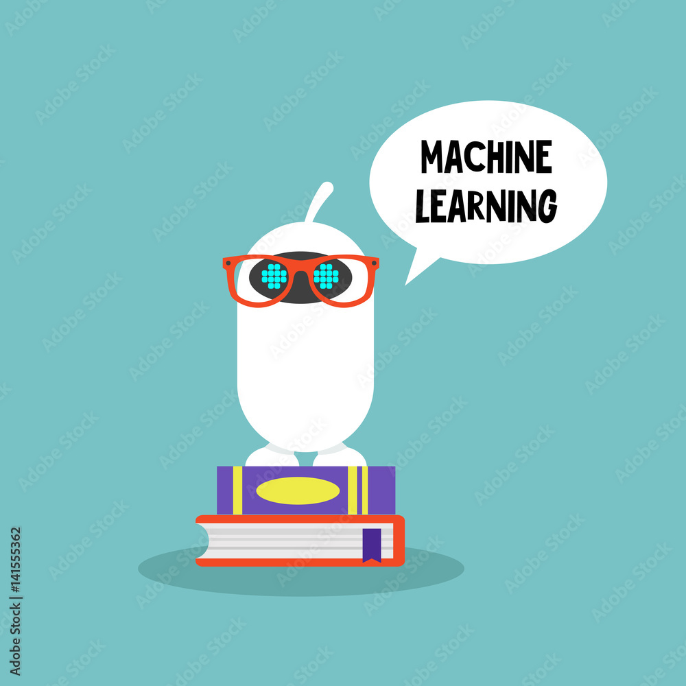Machine learning concept. Cute cartoon robot wearing glasses and ...
