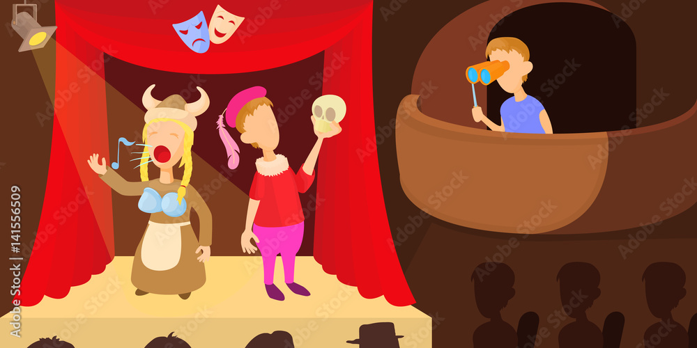 Theater actors horizontal banner, cartoon style Stock Vector | Adobe Stock