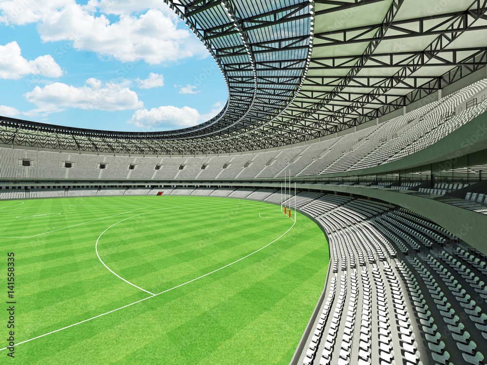 3D render of a round Australian rules football stadium with white seats ...