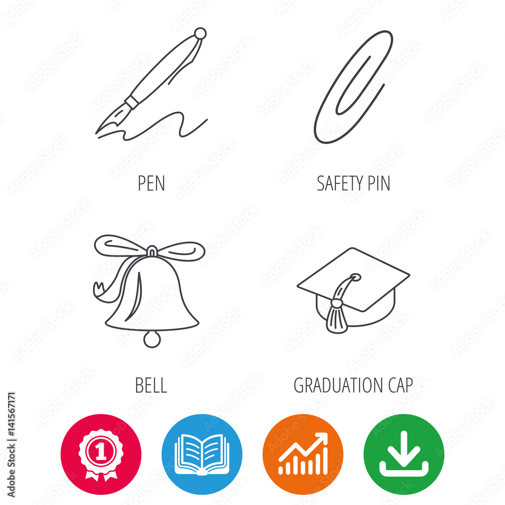 Graduation cap, pen and bell icons. Safety pin linear signs. Award ...
