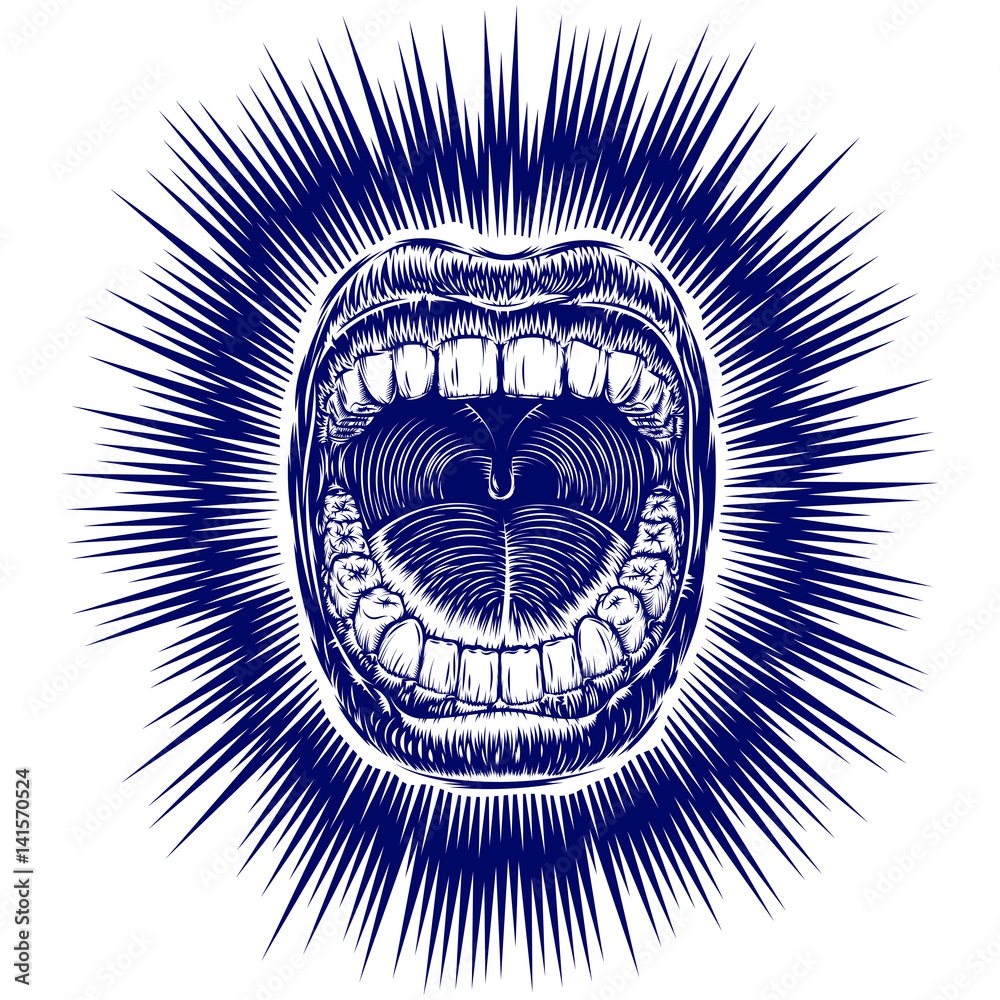 Open screaming mouth with teeth; Shouting singing yawning mouth of ...