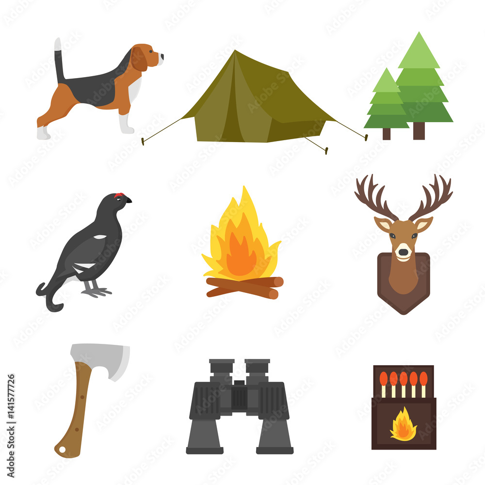 Set of vintage hunting symbols camping objects design elements flat ...