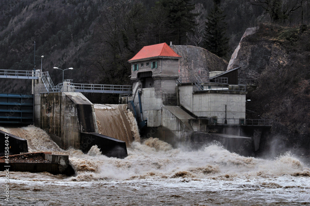 Wehr bei Hochwasser Stock Photo | Adobe Stock