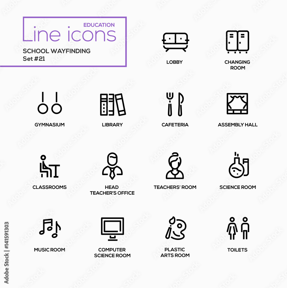 School Wayfinding - modern vector single line icons set Stock Vector ...