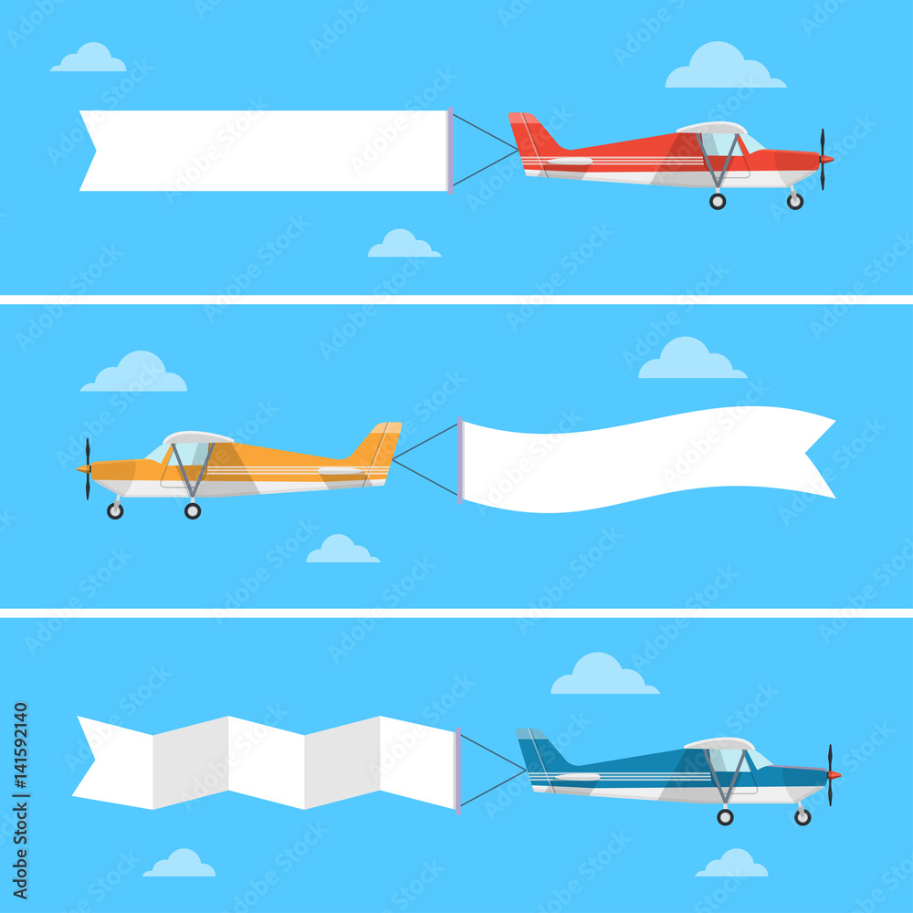 Light plane pulling a banner in a flat style. Stock Vector | Adobe Stock