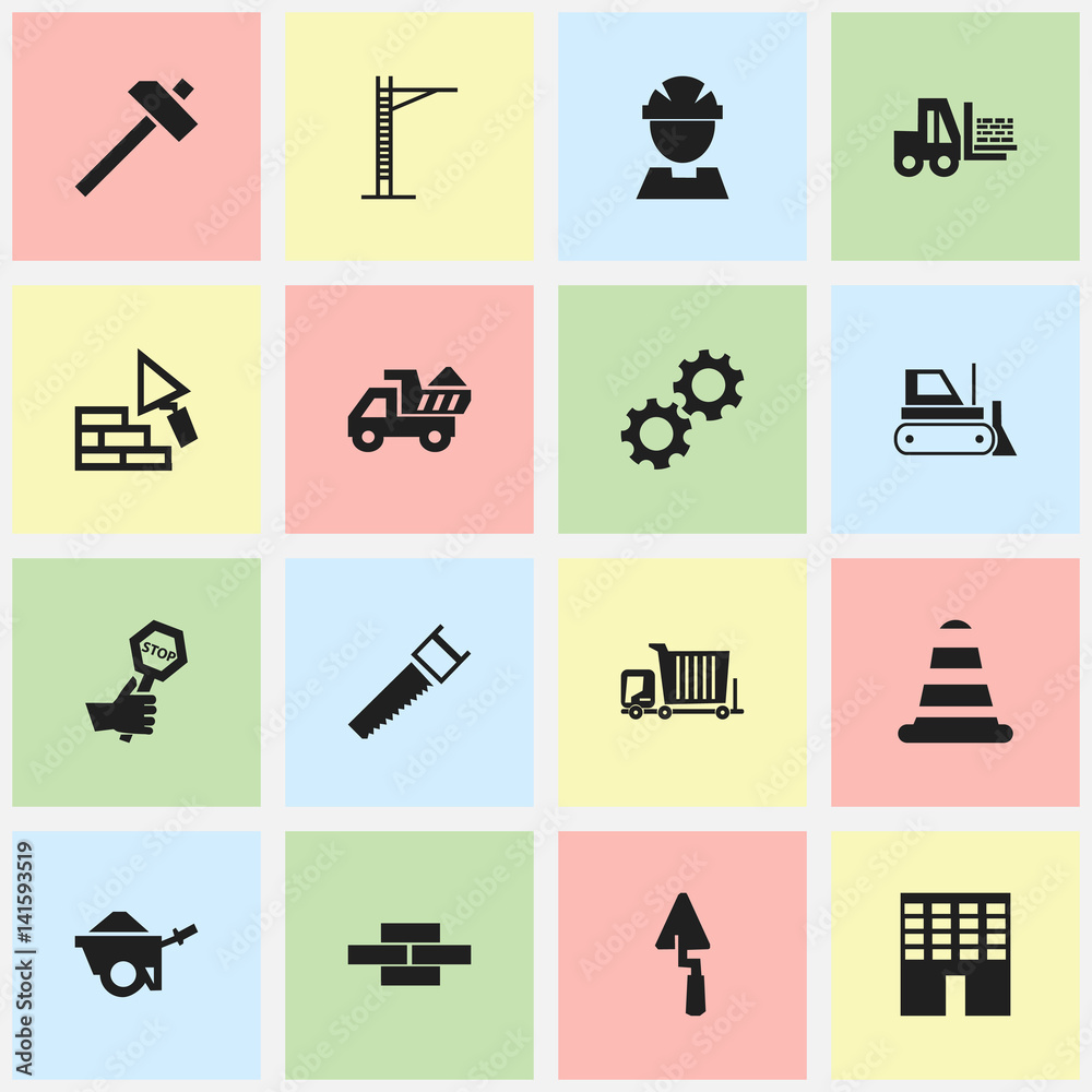 Set Of 16 Editable Building Icons. Includes Symbols Such As Cogwheel ...