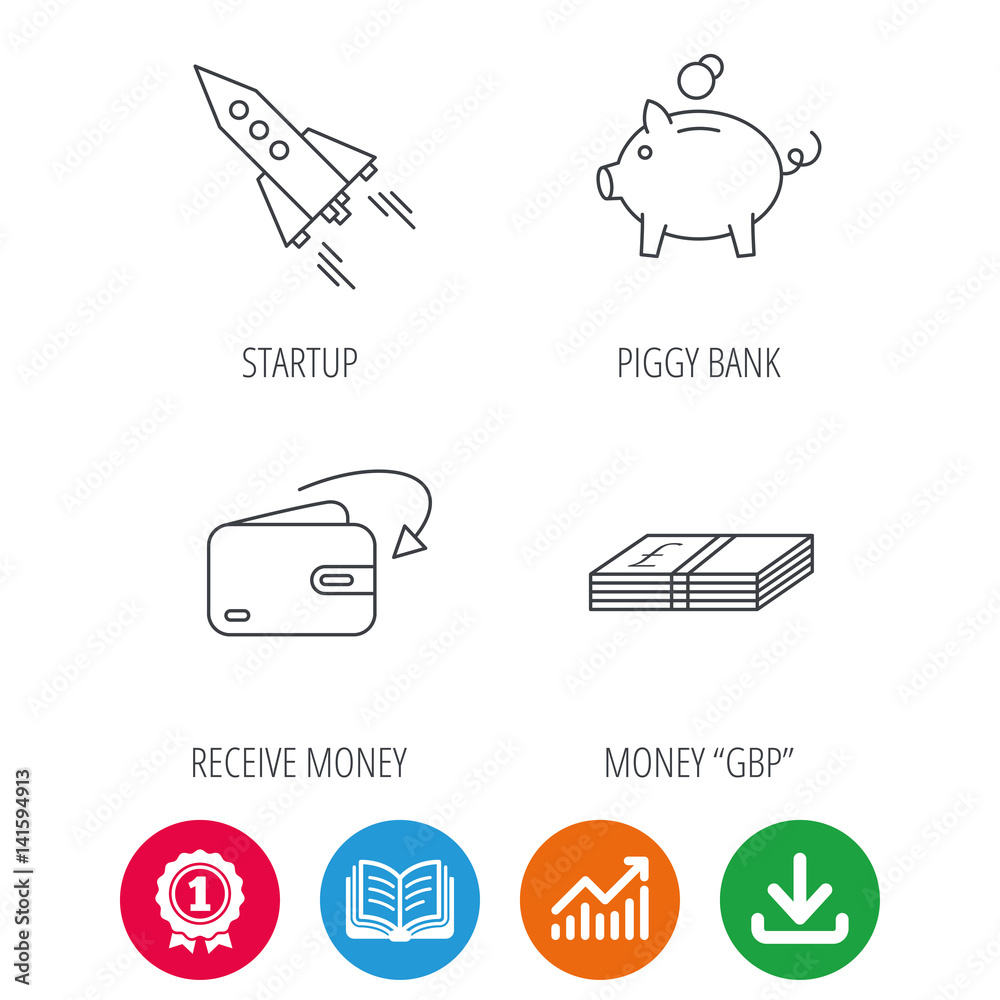 Piggy bank, cash money and startup rocket icons. Wallet, receive money ...