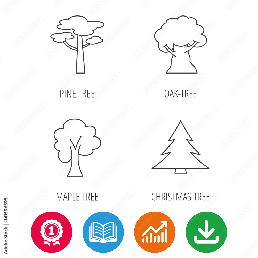 Pine tree, maple and oak-tree icons. Forest trees linear signs. Award ...