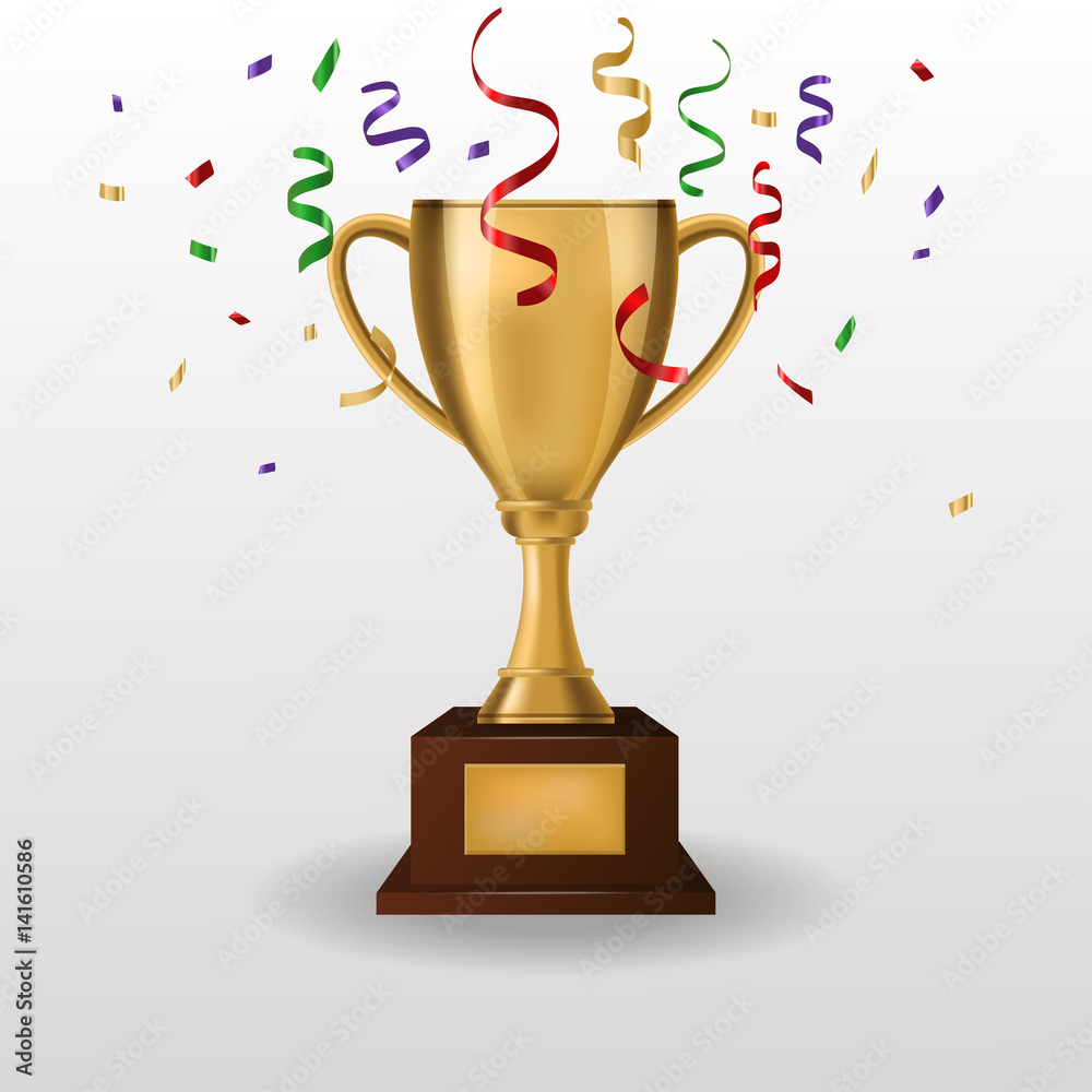 Realistic vector winner gold trophy cup with confetti and ribbons ...