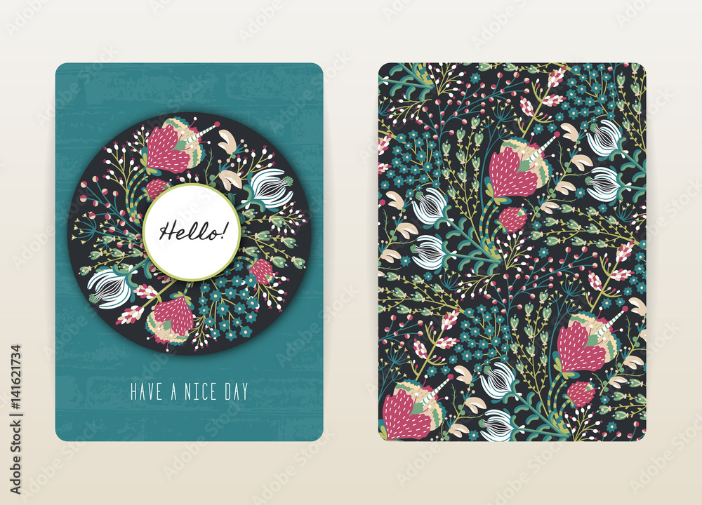 Cover design with floral pattern. Hand drawn creative flowers. Colorful ...
