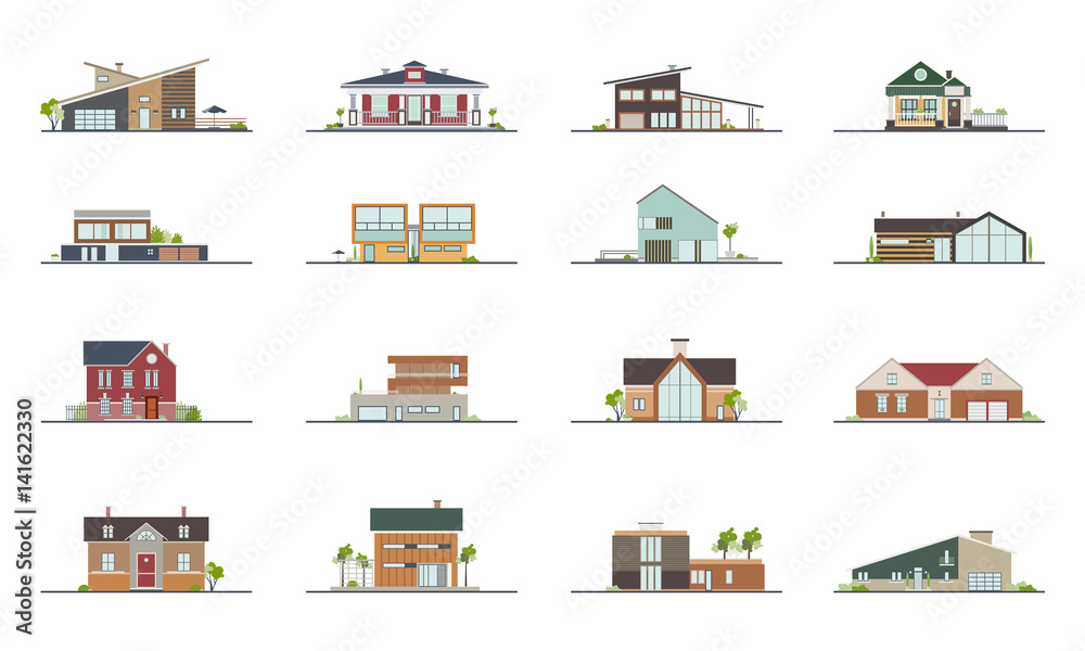 Set of different styles residential houses. Colorful flat vector ...