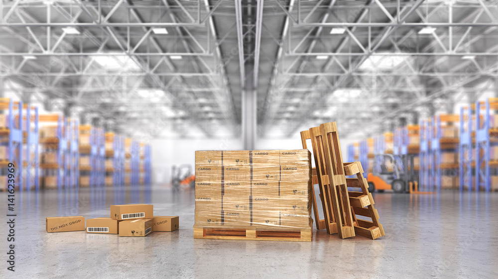 Concept of warehouse. The cardboard boxes in the big warehouse on ...