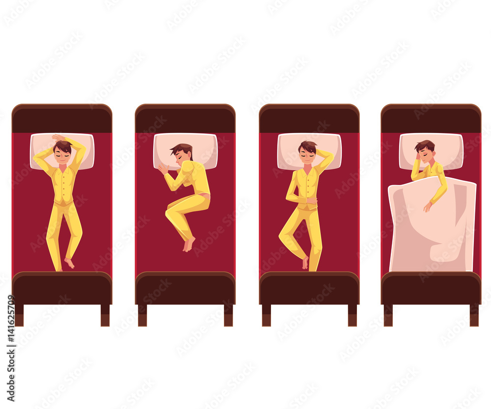 Man sleeping in bed, lying on back, side, under blanket, top view ...