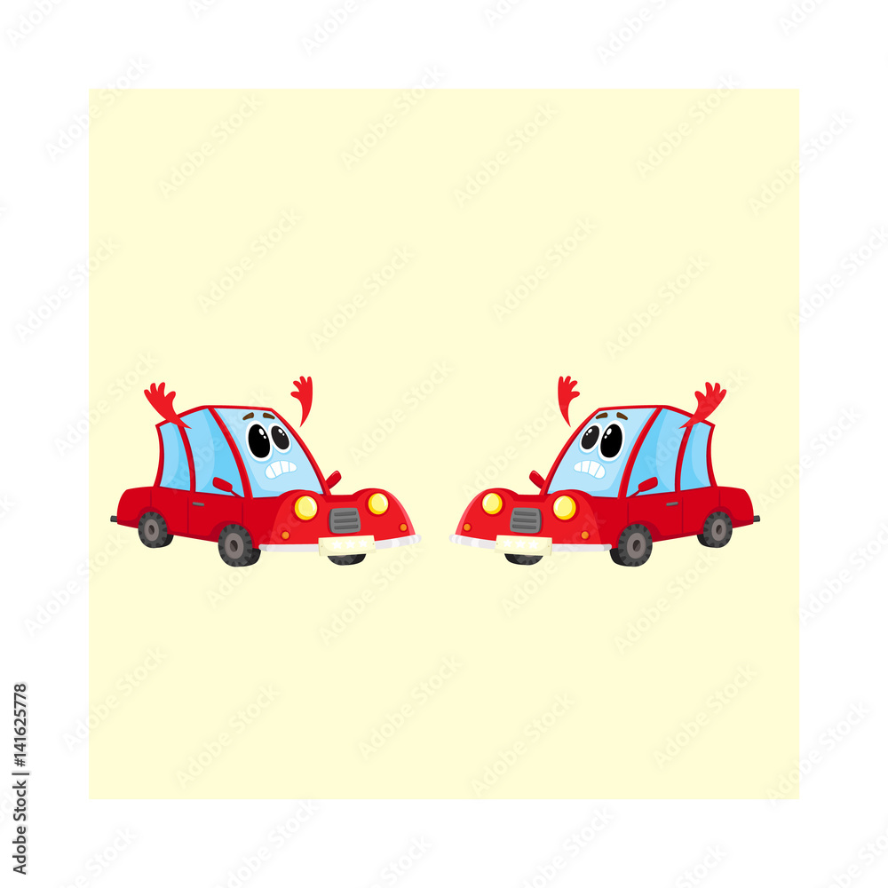 Two funny red car, auto characters absolutely dismayed and despaired ...