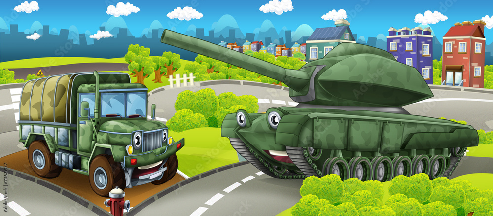 cartoon stage with different military machines colorful and cheerful ...
