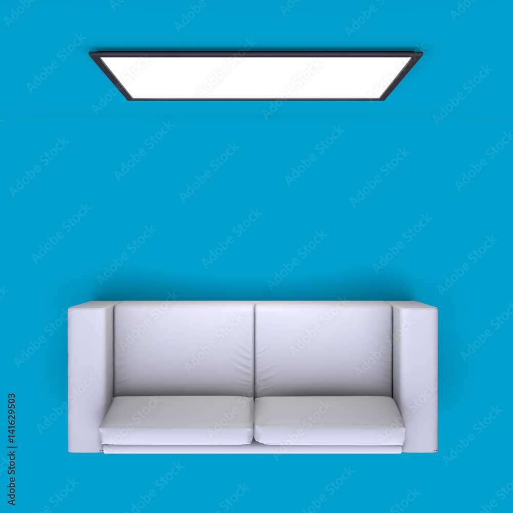 Sofa and TV on wall in corner of room. Top view. 3d render. Stock ...