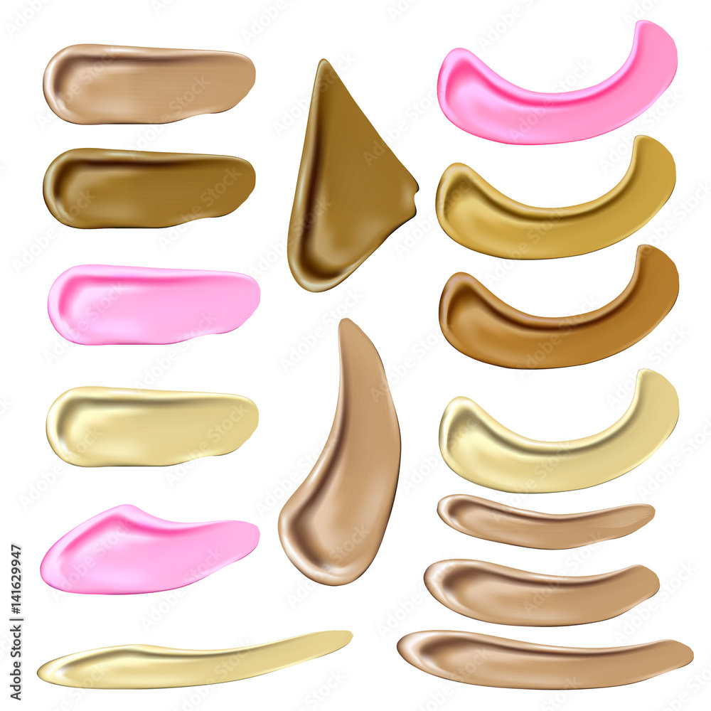 Cosmetic liquid foundation and lipstick smear strokes isolated on white ...