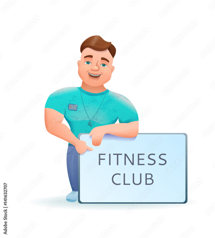 Personal fitness trainer or bodybuilder cartoon character with sport ...