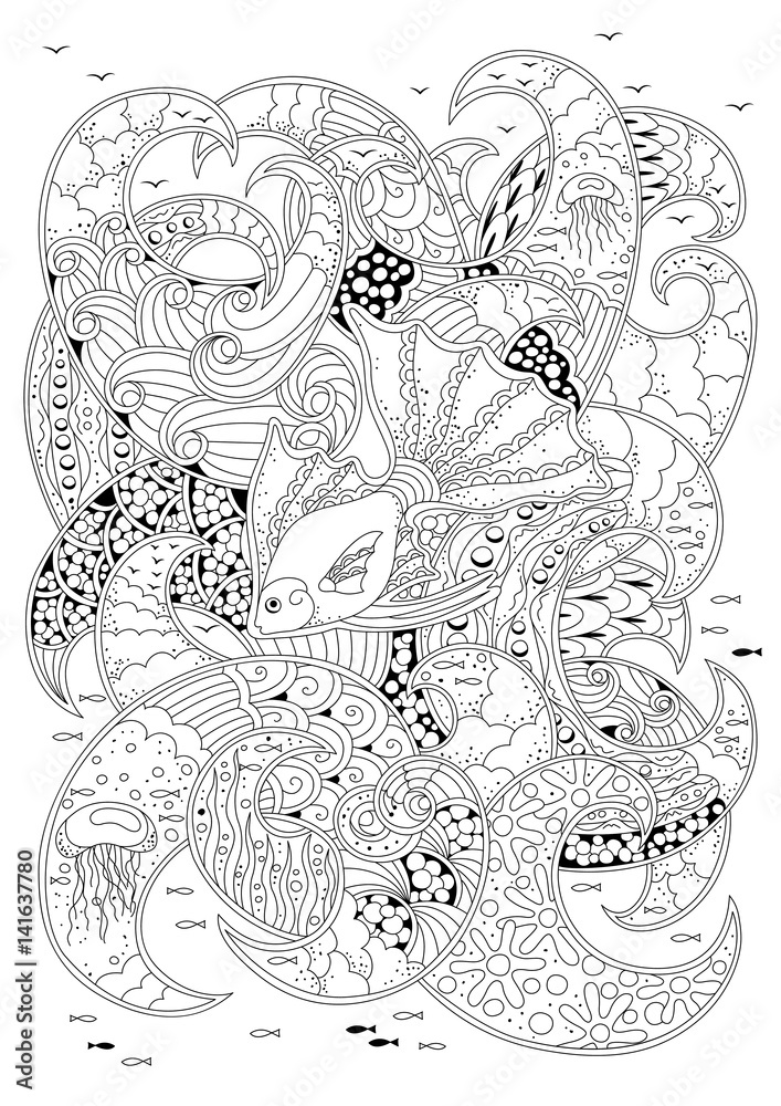 Hand drawn backdrop. Coloring book, page for adult and older children ...