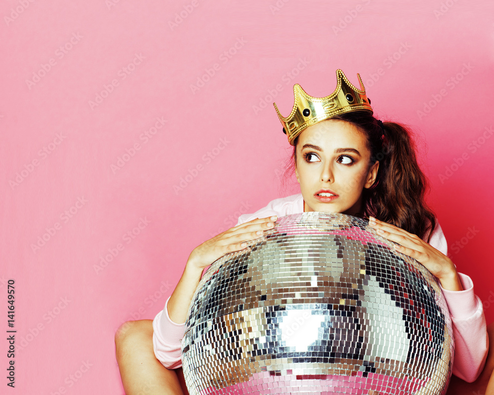young cute disco girl on pink background with disco ball and cro Stock ...