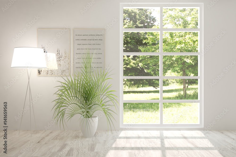 White empty room with green landscape in window. Scandinavian interior ...
