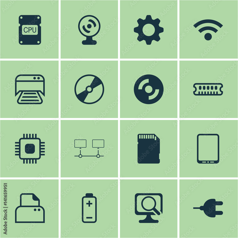 Set Of 16 Computer Hardware Icons. Includes Battery, Printed Document ...