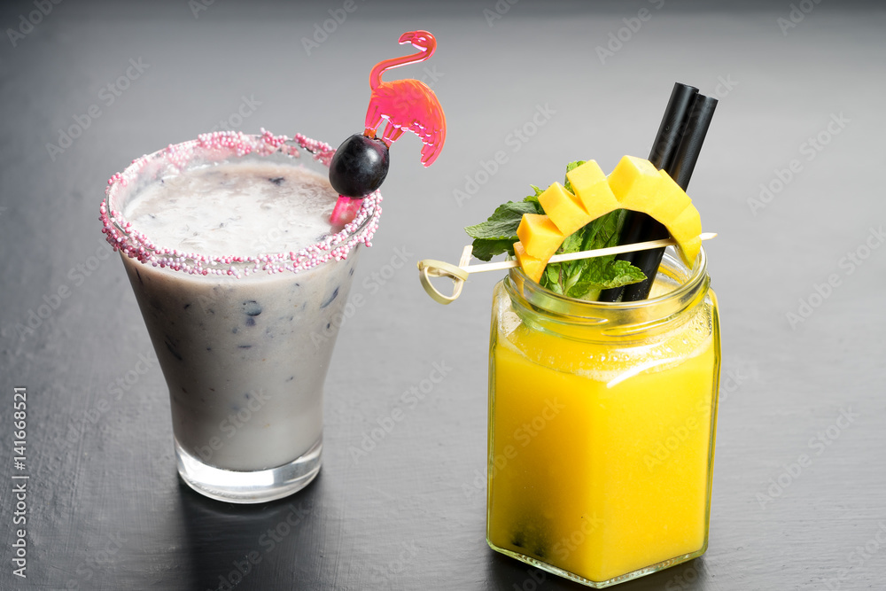 modern rustic selection of cocktails drinks alcohol at bar counter with ...