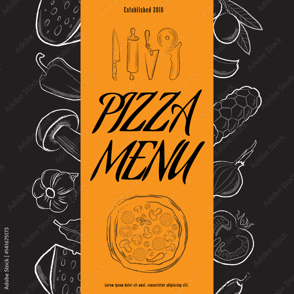 Pizza menu title with white hand drawn ingredients on chalkboard Stock ...