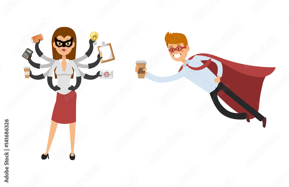 Superhero business man woman vector illustration set character success ...