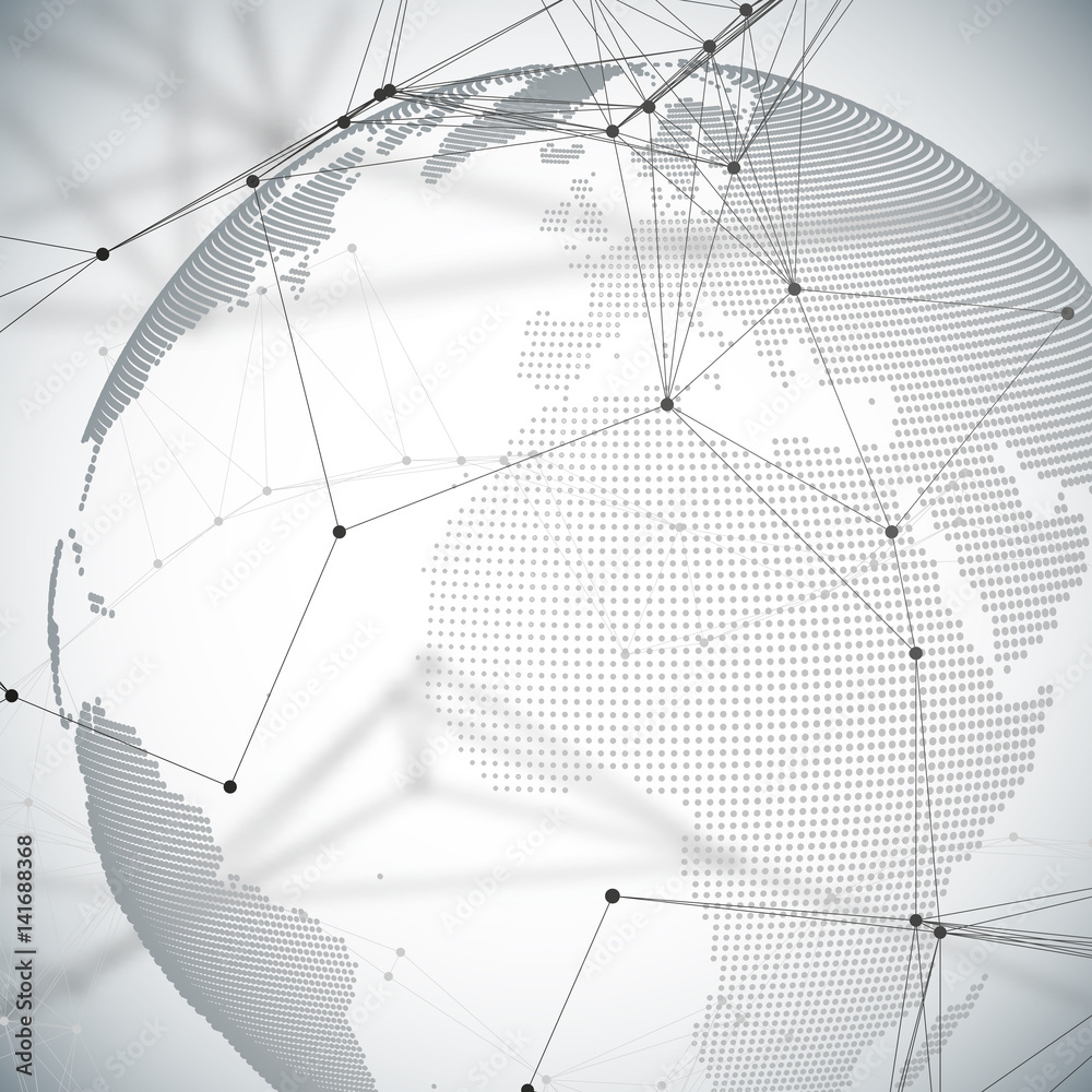 Dotted world globe with chemistry pattern, connecting lines and dots ...