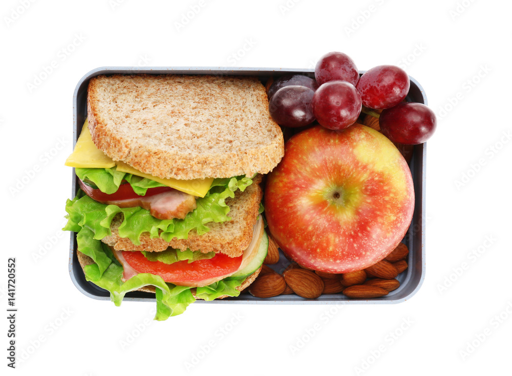 Lunch box with delicious food on white background Stock Photo | Adobe Stock