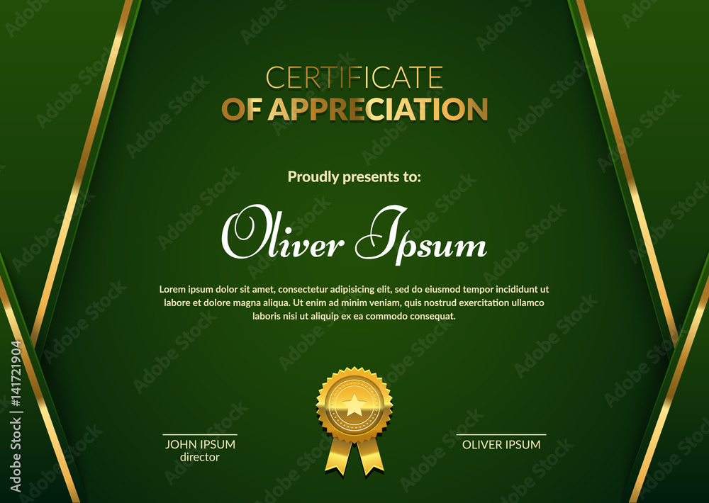 Certificate of Appreciation with seal badge template. Green and gold ...