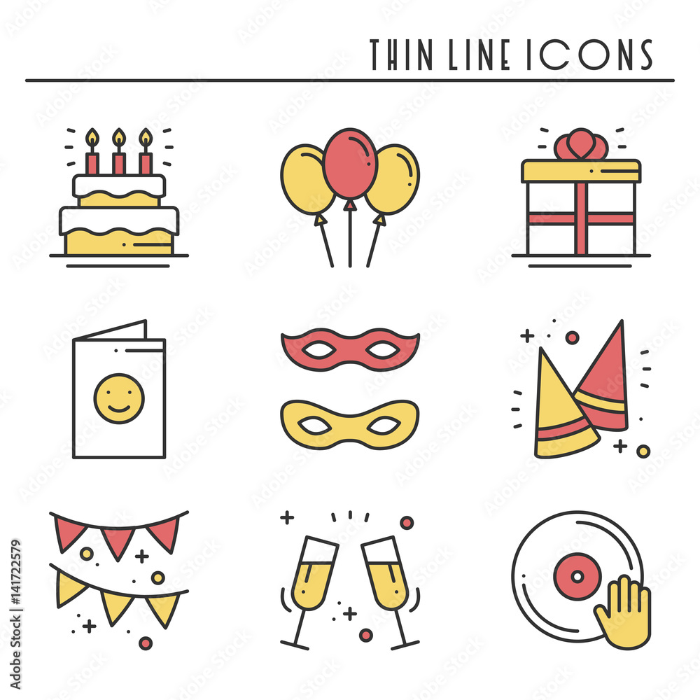 Party celebration thin line icons set. Birthday, holidays, event, carnival festive. Basic party ...