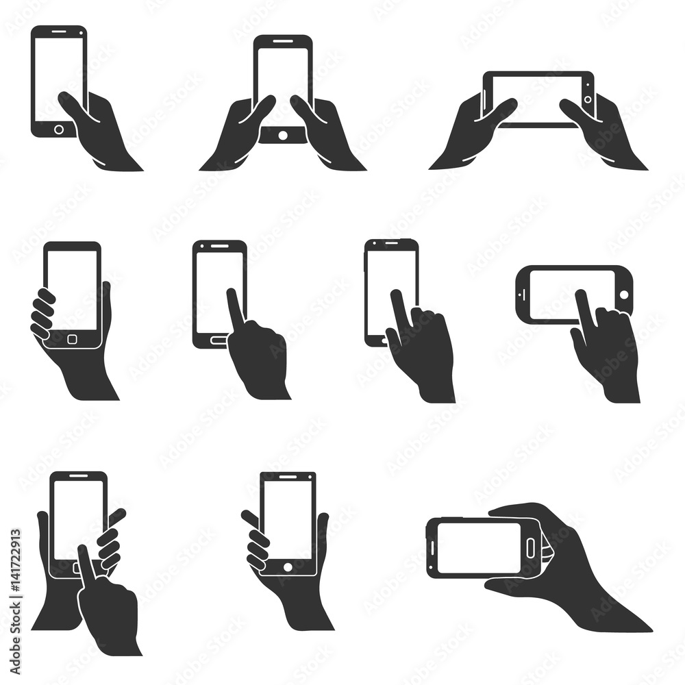 smartphone or mobile phone in hand vector icon set Stock Vector | Adobe ...
