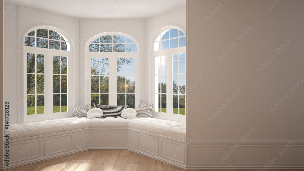 Big window with garden meadow panorama, minimalist empty space ...
