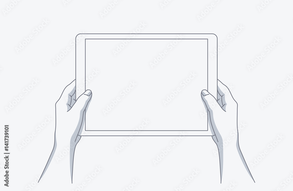Hands holding a tablet. Line art modern vector illustration. Template ...