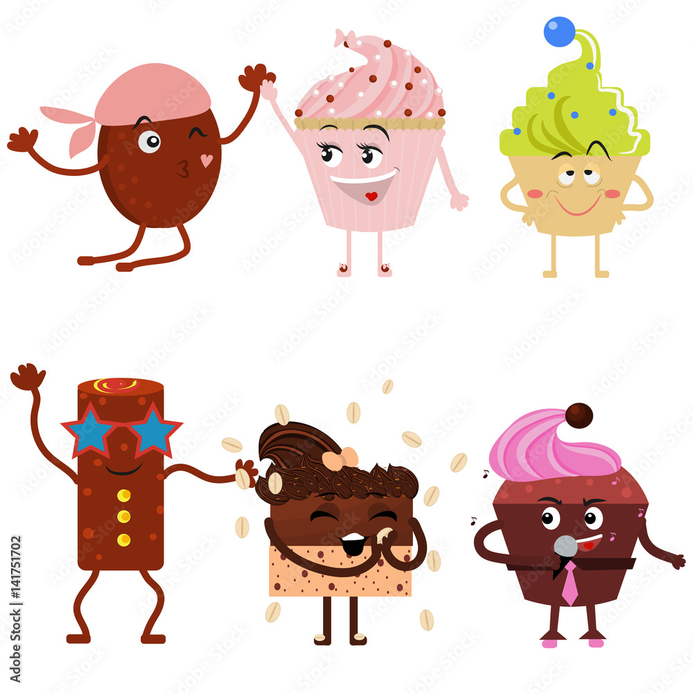 A set of cute and funny cupcakes. A cookie with a face . Cartoon ...